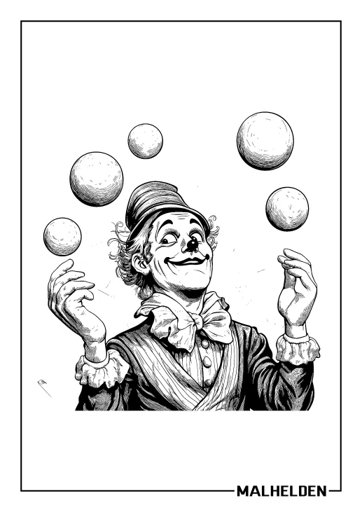 Ausmalbild Jonglierender Clown mit Bällen | kostenlose PDF