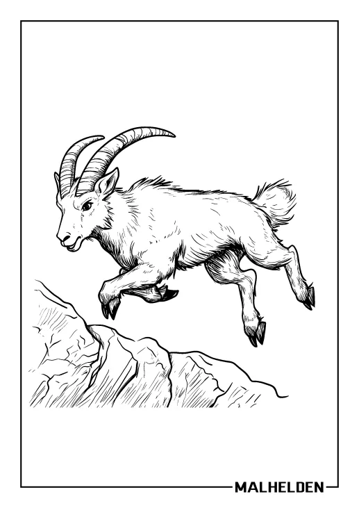 Ausmalbild Springender Steinbock in den Bergen | kostenlose PDF